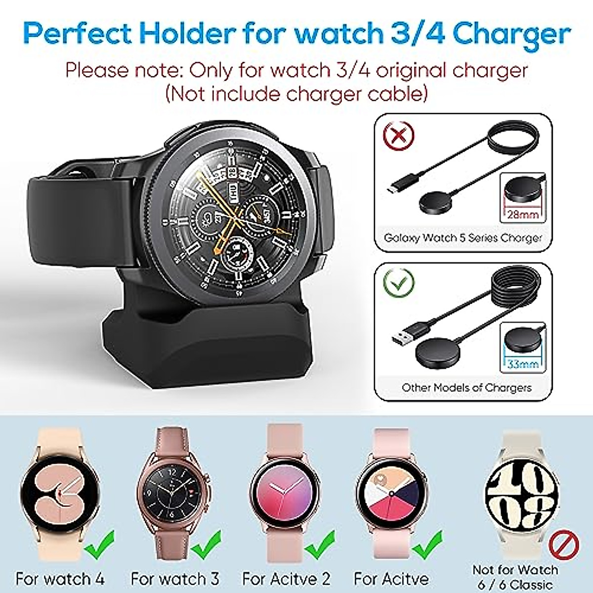 Silicone Stand for Samsung Galaxy Watch 4/Galaxy Watch 4 Classic/Galaxy Watch 3/Galaxy Active 2/Galaxy Watch Active, Non-Slip Charger Bracket Accessories Holder with Cable Management Slot- Black