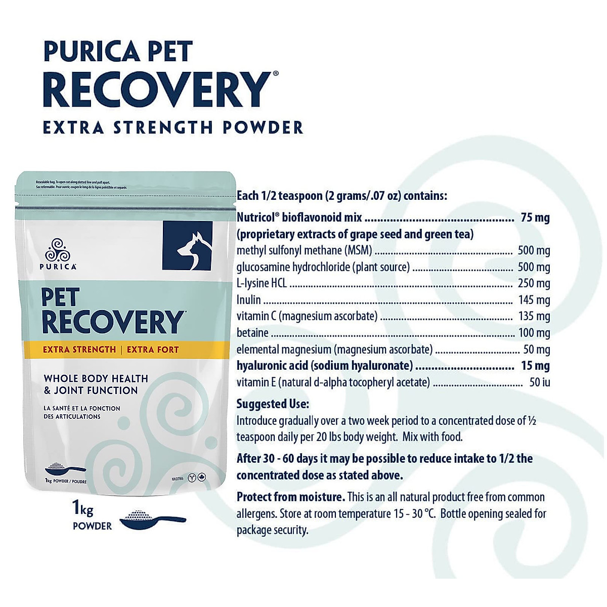 PURICA Pet Recovery Extra Strength - Joint Support for Cats & Dogs - Glucosamine - Vitamins for Joint Health. Suitable for Small & Large Breeds - Transform Your Pet's Well-Being with 1Kg Powder