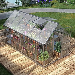 PAPABABE 6x12 FT Hybrid Polycarbonate Greenhouse with 2 Vent Window Lockable Hinged Door Walk-in Hobby Greenhouse Aluminum Hot House for Outdoor Sun Room, Silver