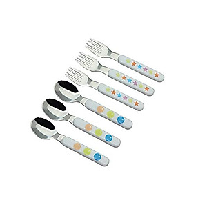 ANNOVA Kids Silverware 6 Pieces Stainless Steel Children's Flatware Set 3 x Forks, 3 x Dinner Spoons Plastic Handle, Toddler Utensils Without Knives, for Babies, Infants BPA Free - Dots Stars