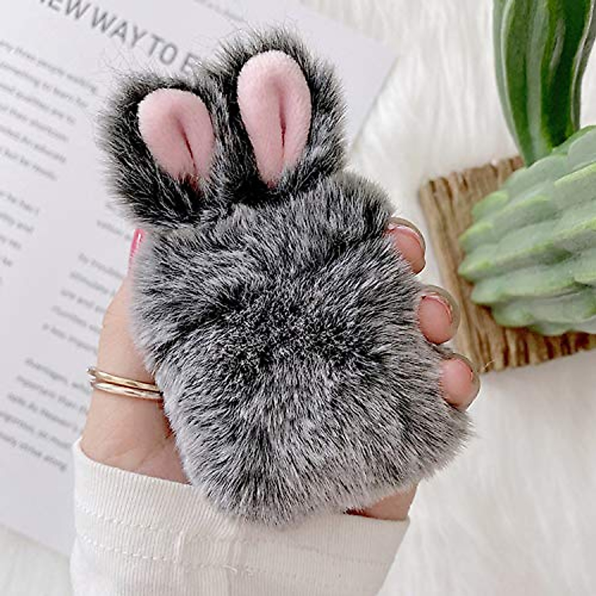 Guppy Compatible with AirPods Furry Bunny Case Girls 3D Cartoon Cute Rabbit Ears Plush Fluffy Warm Carrying Case Soft Protective Case Cover Accessories for AirPods 1 & 2 Gray