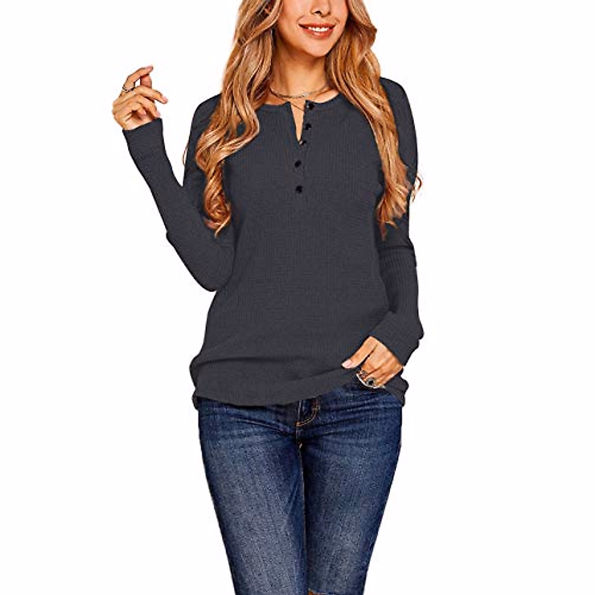 Glanzition Tops for Women Long Sleeve Casual V Neck Plain Loose Fit Sweaters Grey L