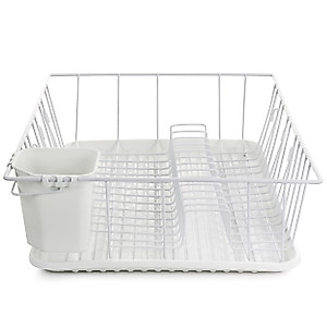 Megachef Chef Single Level Dish Rack with 14 Plate Positioners and A Detachable Utensil Holder, White DR-102 Silver