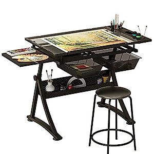 VejiA Glass Drafting Table, Height Adjustable Drawing Desk with Stool, Tiltable Desk Art Table 0°-50°, Tempered Glass Top Painting Desk, Art Craft Work Station, with