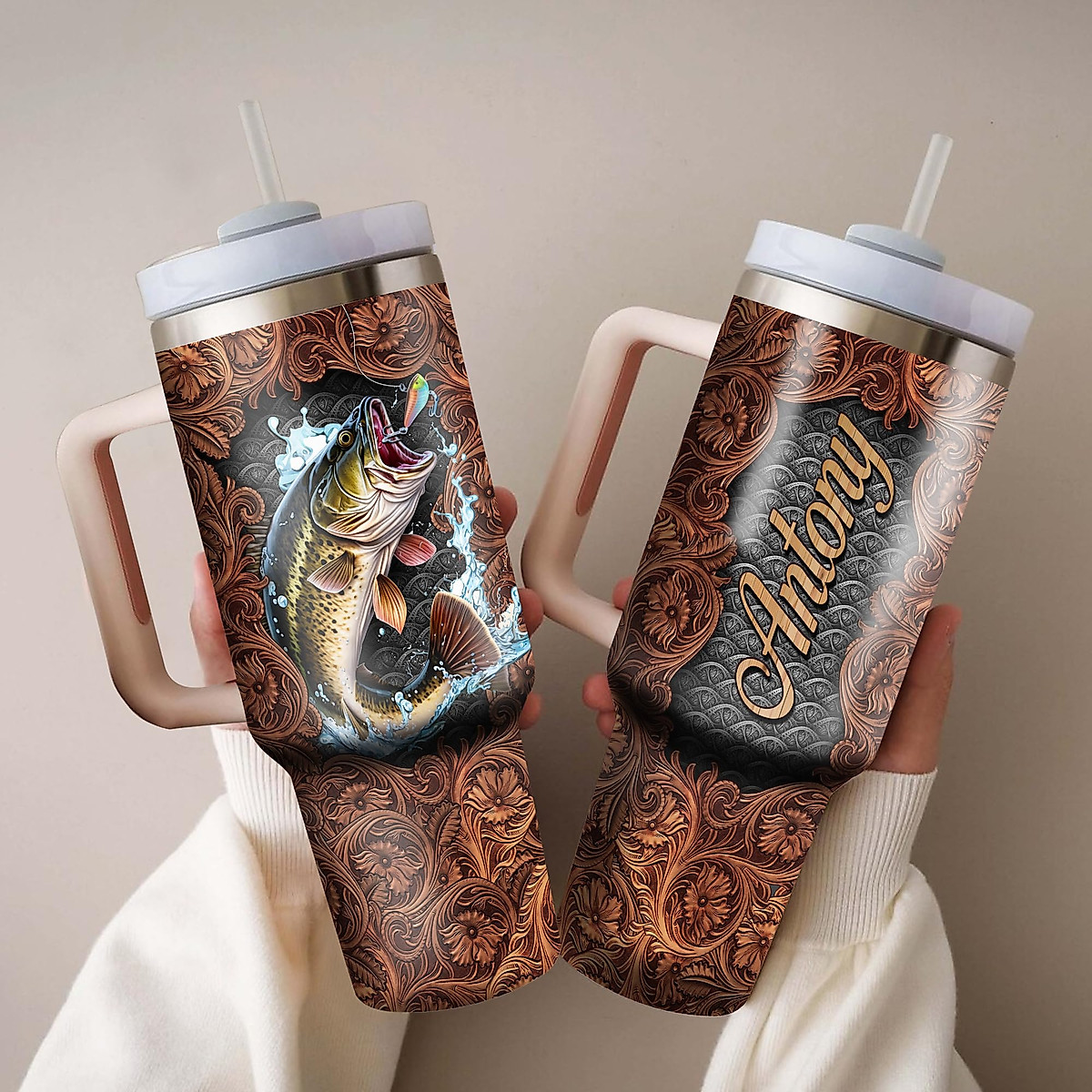 WAZONE Personalized Fishing 40oz Tumbler with Handle and Straw Lid Fish Custom Name Stainless Steel Tumblers Gifts Birthday Christmas Fathers Day for Fisherman Men Dad Boy Friend Husband Grandpa