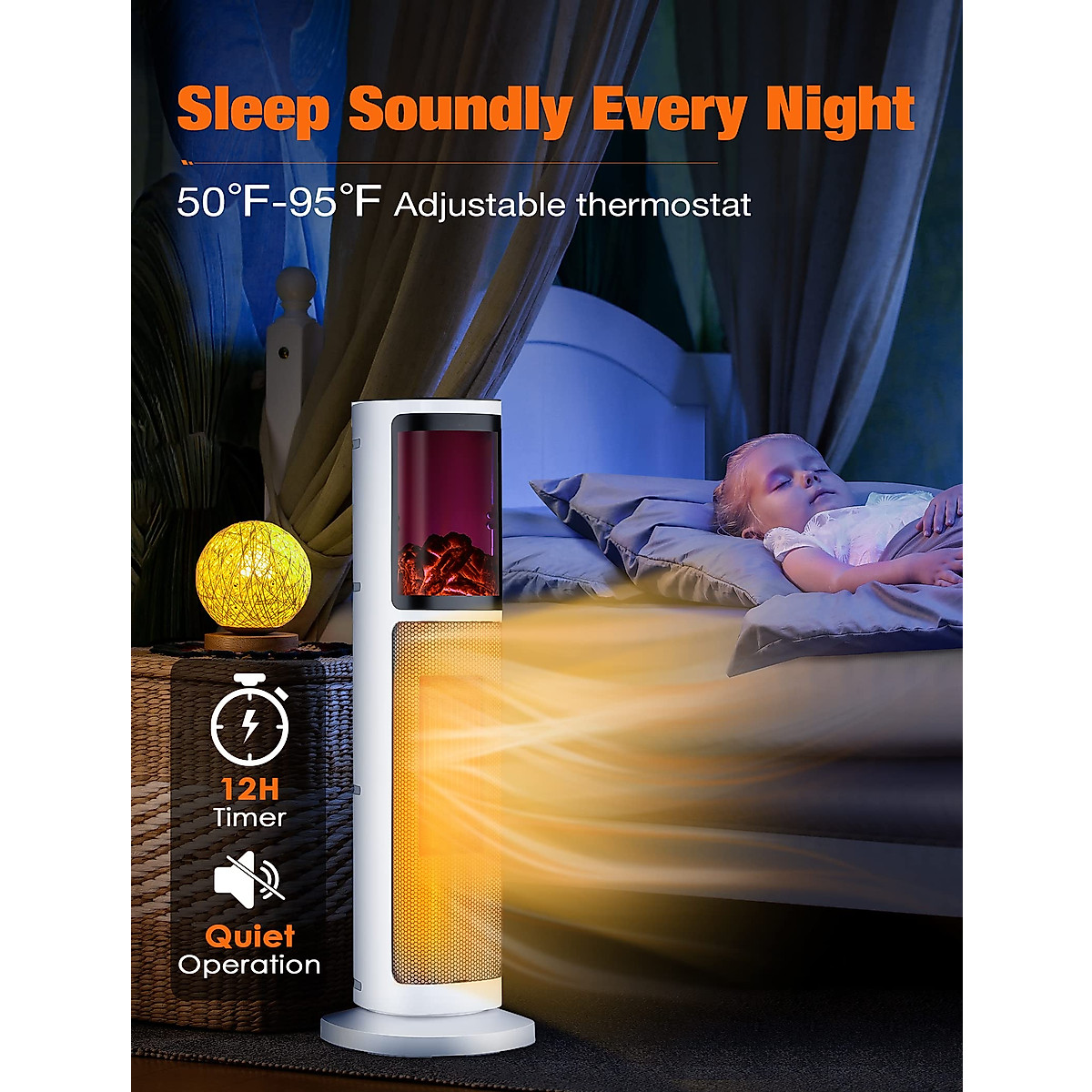 Tower Space Heater for Room, Indoor Electric Space Heater, 3 Modes & Thermostat, 90° Oscillation, 12H Timer, Remote, Overheat & Tip-Over Protection, 3D Flame, Space Heater for Office/Home/Indoor