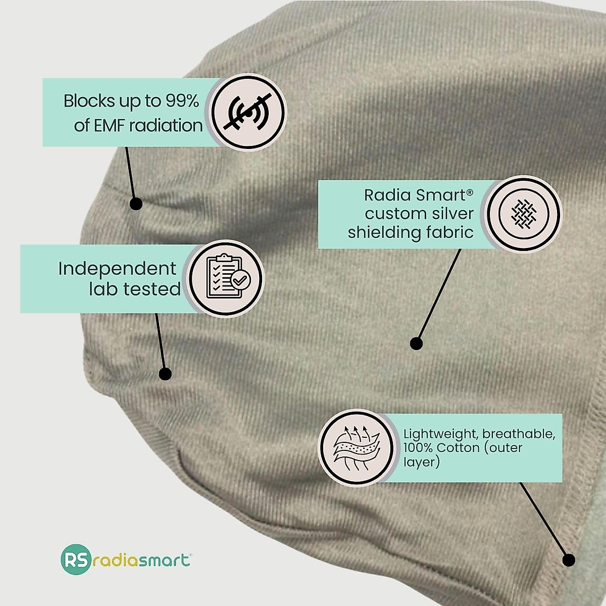 Radia Smart® 5G Blocking, Protective Baby Hat/Beanie Cap Blocking RF EMF WiFi Radiation. Age 6-18 Months. Grey