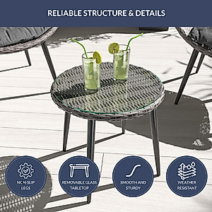 BELLEZE 3 Piece Modern Rattan Patio Bistro Set with Round Chairs and Glass Top Accent Table, Wicker Outdoor Conversation Set for Backyard or Porch - Hitia (Grey)