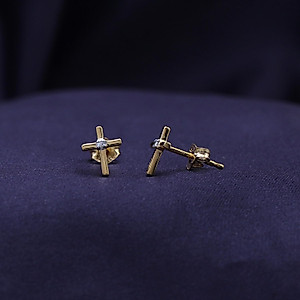 Round Natural White Diamond Cross Stud Earrings For Women's In 14K Yellow Gold Over Sterling Silver, Push Back Earrings Gift For Her