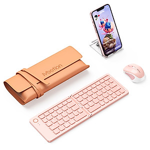 MEETION Foldable Keyboard and Mouse, Portable Bluetooth Keyboard and Mini Mouse with Stand Holder, for Travel, Business, Gifts, USB-C Rechargeable, Travel Keyboard Mouse for iPad Tablets Laptop, Pink