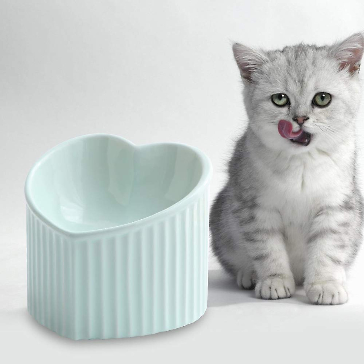 Green Ceramic Raised Cat Bowls, Tilted Elevated Food or Water Bowls, Stress Free, Backflow Prevention, Dishwasher and Microwave Safe, Lead & Cadmium Free