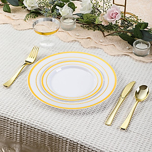 600 Pieces Gold Plastic Dinnerware for 100 Guests, Disposable Plastic Plates for Party Wedding Birthday, Includes 100 Dinner Plates, 100 Salad Plates, 100 Spoons, 100 Forks, 100 Knives, 100 Cups