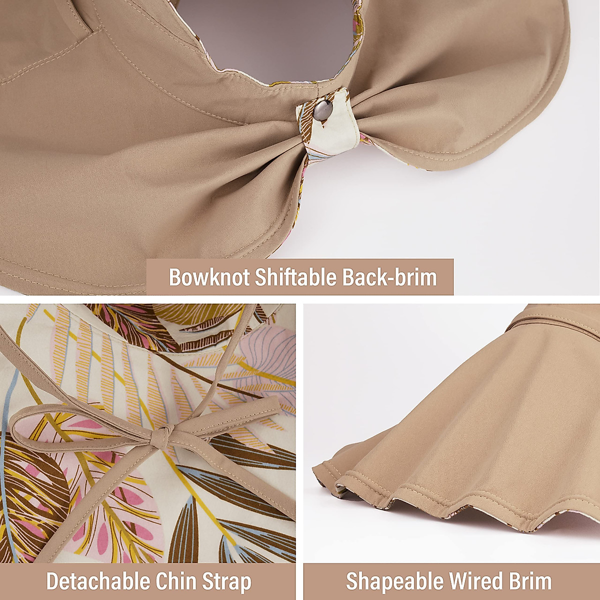 Koreshion Women Ponytail Sun Hat Reversible Fishing Hat Foldable Bowknot Summer Hat UPF 50+ Beach Cap Wide Brim Bucket Hat Khaki