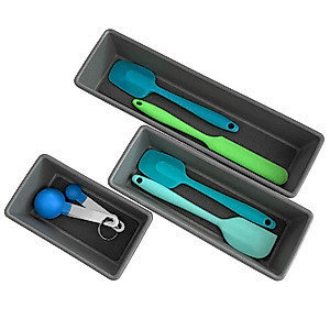 edge Tray Bins 3 Pack Multi Use Storage for Kitchen Darwers, Office and Bathroom Non-Slip Durable Rubber Lining, Charcoal - Large