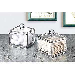Modern Square Qtip Holder Acrylic Bathroom Vanity Countertop Storage Organizer Canister Jar for Cotton Swabs, Rounds, Balls, Makeup Sponges, Bath Salts - 2 Pack - Clear