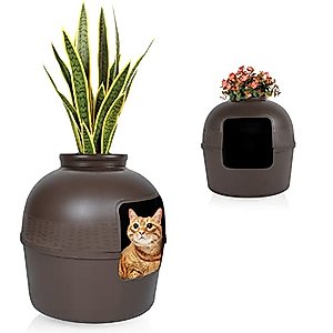 Hawsaiy Hidden Litter Box Enclosure, Plant Cat Litter Box Furniture Includes Faux Plant and Real Stones, Replaceable for Real Flowers Brown