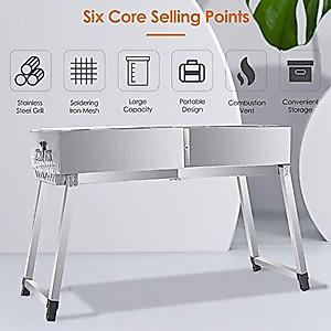 Portable Charcoal Grill Foldable Stainless Steel 24" x 12" x 26" Kebab Skewer BBQ Barbecue Camping Grill Kit for Garden Backyard Home Outdoor Cooking Use