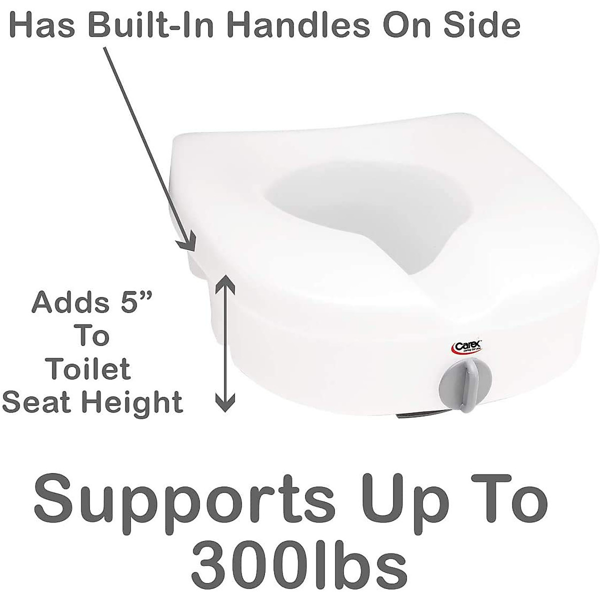 Carex E-Z Lock Raised Toilet Seat, Adds 5 Inches to Toilet Height, Elderly and Handicap Toilet Seat with Handles - 5 Inch Toilet Seat Riser with Arms - Fits Most Toilets