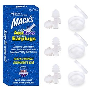 Mack's AquaBlock Swimming Earplugs, 3 Pair - Comfortable, Waterproof, Reusable Silicone Ear Plugs for Swimming, Snorkeling, Showering, Surfing and Bathing (Clear)