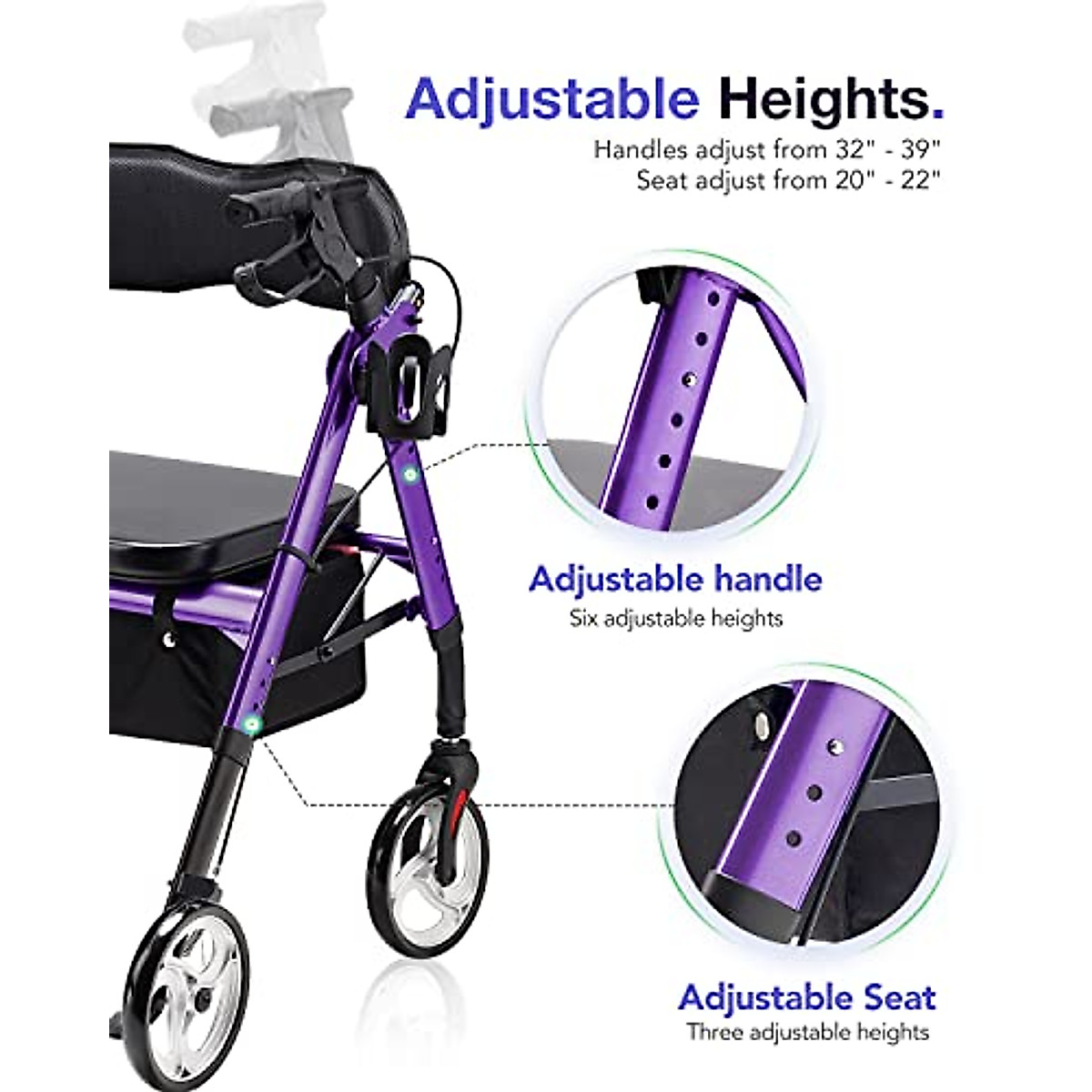 Quicwell Heavy Duty Rollator Walker with Large Paded Seat, Bariatric Rolling Walker with Wide Comfort Backrest for Seniors and Adults, Adjustable Seat, Large 8" Wheels, Support Up 450 lbs, Purple