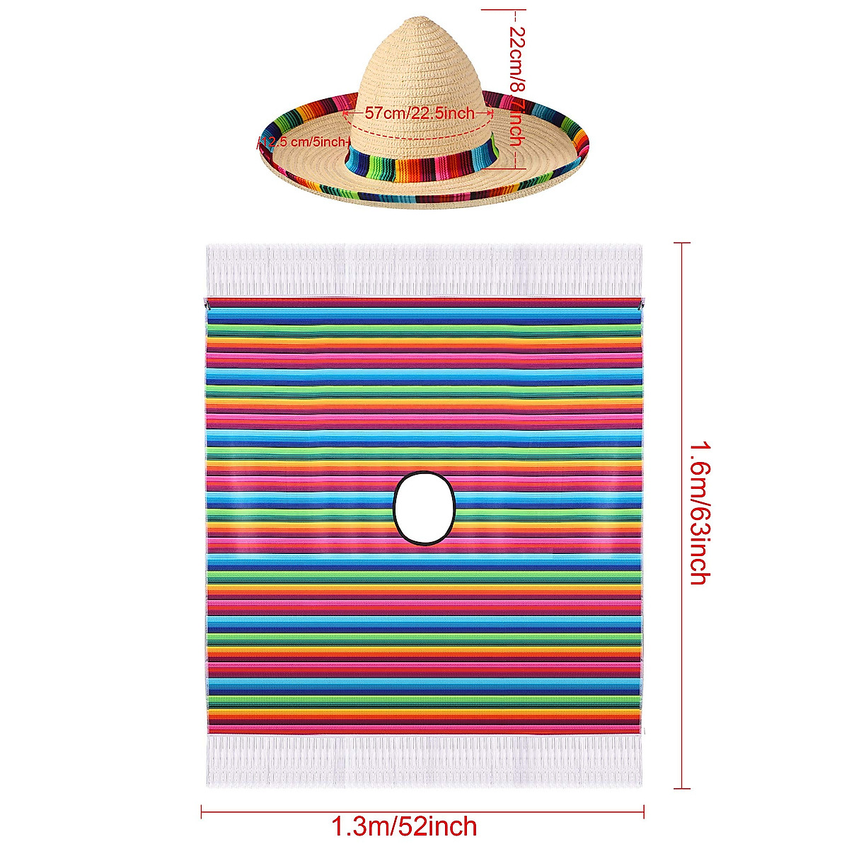 SATINIOR Mexican Serape Poncho Costume Mexican Sombrero with Rainbow Serape Edge and Band (Adult)