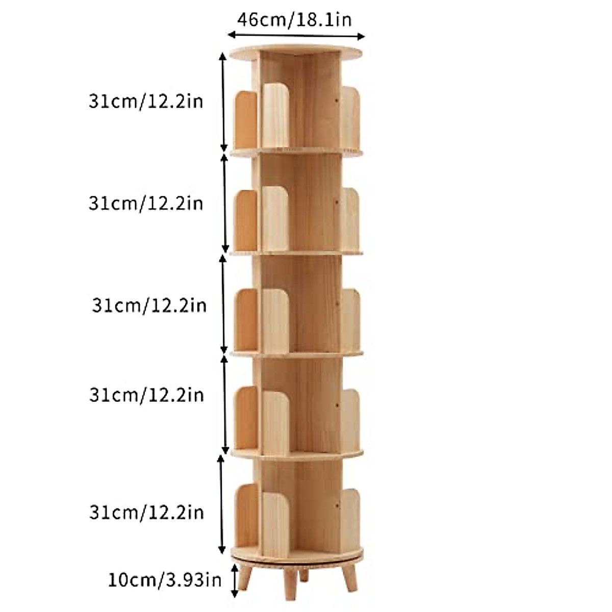 Futchoy Rotating Bookshelf, 360 5-Tier Display Floor Standing Bookcase Storage Rack for Kids&Adults Multi-Functional Bookshelf Organizer