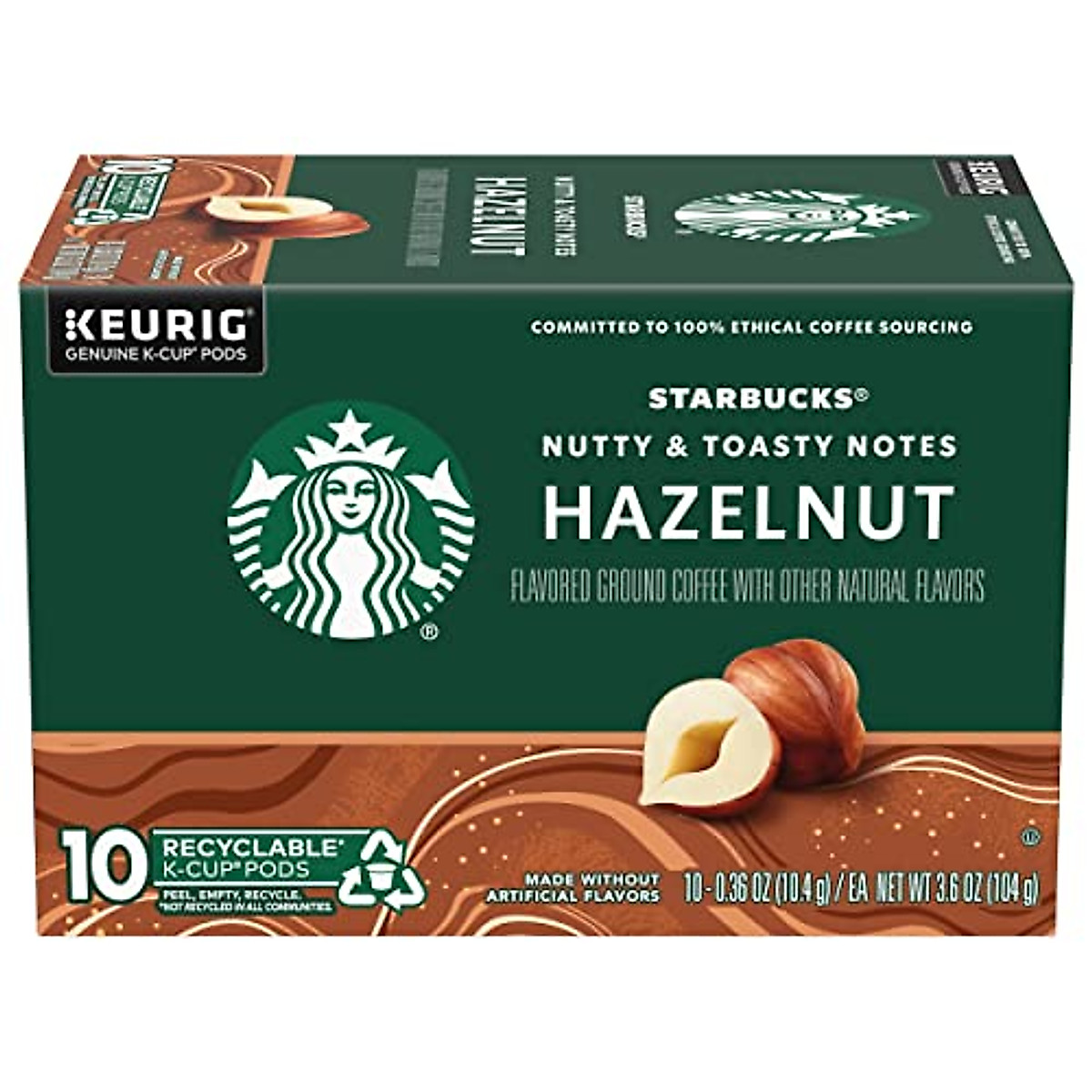 Starbucks Flavored Coffee K-Cup Pods, Hazelnut Flavored Coffee, Made without Artificial Flavors, Keurig Genuine K-Cup Pods, 10 CT K-Cups/Box (Pack of 2 Boxes)