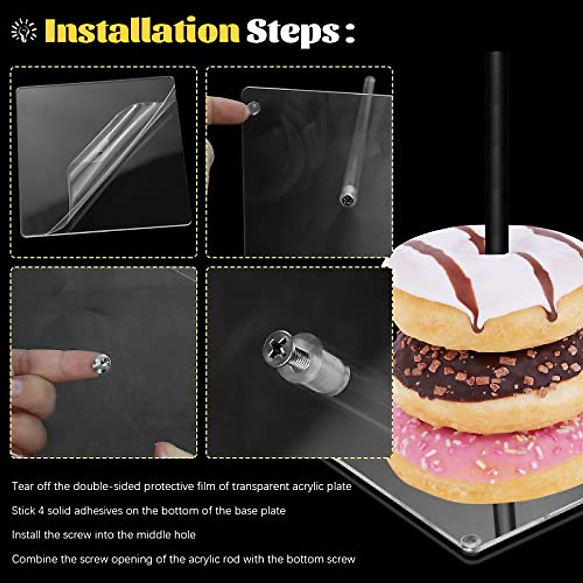 Weoxpr 4 Pack Acrylic Donut Stands Clear Doughnut Dessert Stand Bagels Holder Donut Party Supplies for Wedding, Birthday, Kids, Baby Shower, Easy Assembly (8, 10, 12, 14 Inch)