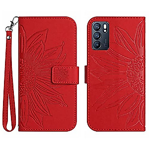ONV Wallet Case for Oppo Reno 6 Pro 5G - Sunflower Flip Leather Case with Embossment Card Slot Shockproof Kickstand Magnetic Wrist Cover for Oppo Reno 6 Pro 5G [HT] -Red-T