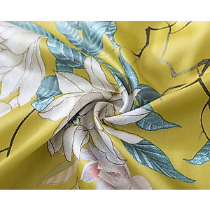 Exotic Modern Floral Print Bedding Birds Flowers Dusty Grey Design 100% Cotton Duvet Cover 3pc Set Hibiscus Blossom Branches in Muted Gray Blue (Queen, Citronelle Green)