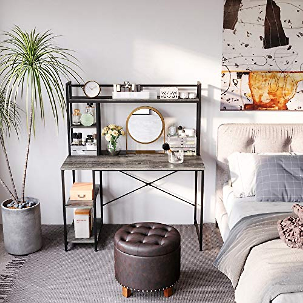 Nost & Host Computer Desk with Hutch & Bookshelf | Home Office Desks with 2-Tier Adjustable Shelves | Sturdy Desk for Writing and Gaming | Easyt o Assemble 47.2 inches Gray