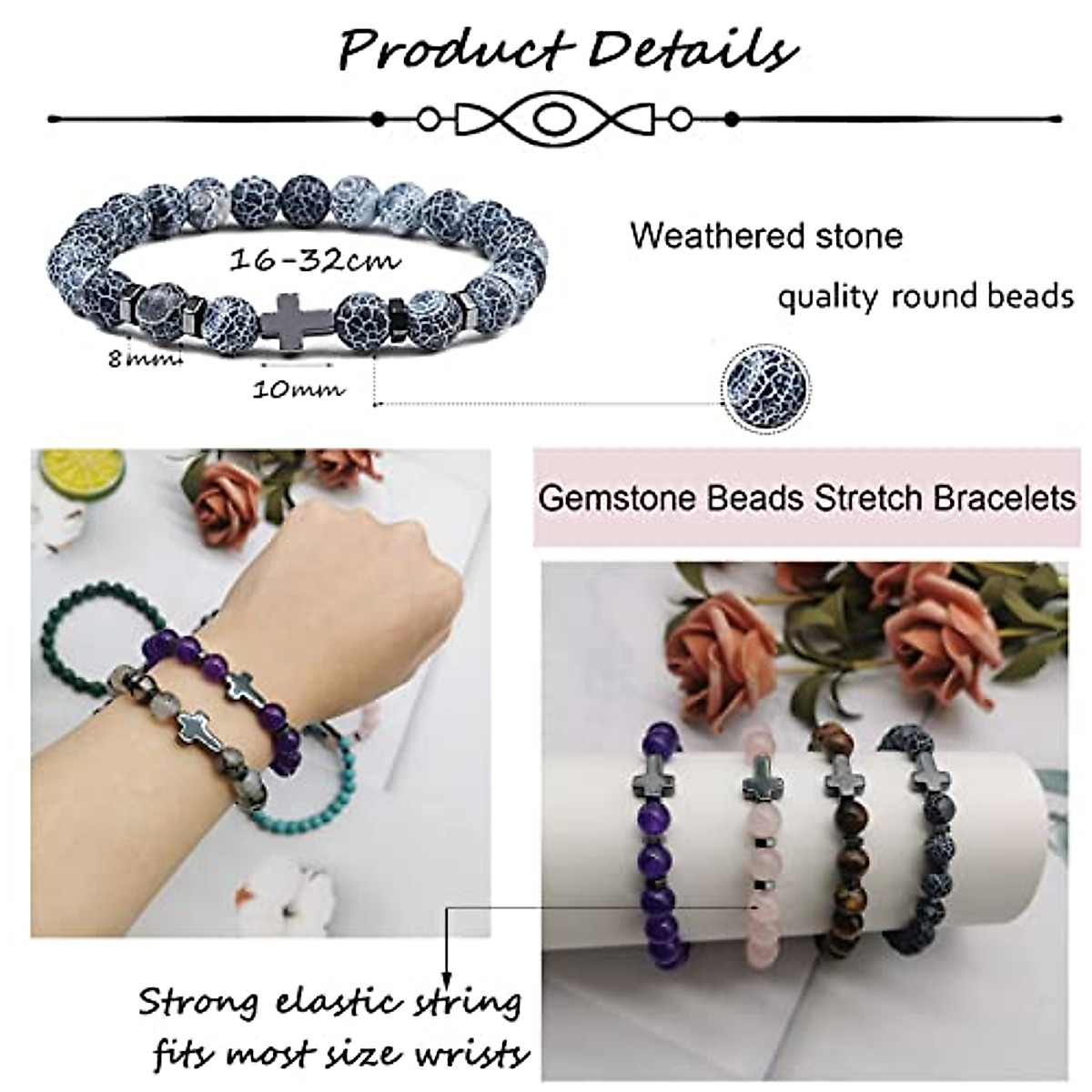 SAMOCO 12Pcs Healing Stone Beaded Bracelets for Women Men Semi-Precious Gemstones Bracelets Crystal Cross Beaded Bracelet Unisex Adjustable Stretch Bracelets 8MM