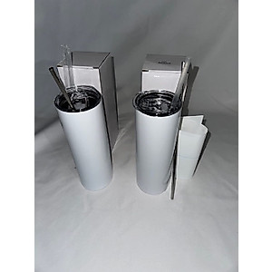 2 Pack Sublimation Tumbler 20oz Blank Skinny White Flat Edge Double Wall Stainless Steel Rubber Bottom Slide Lid 2 Straws. For Heat Press Sublimation Printing