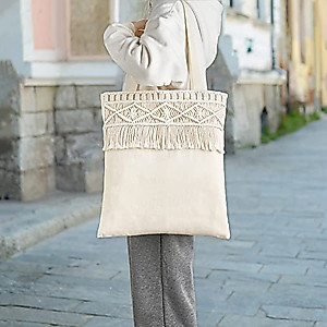 Mkono Canvas Tote bag for Women Boho Aesthetic Shoulder Handbag with Macrame Fringe Reusable Shopping Bag Lightweight Unique Gift Bag Cute Tote Bag for School Work Beach Travel Wedding Holiday