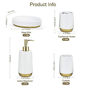 TONIAL Bathroom Accessories Gift Set, Bathroom Decor Set 4 Piece White-Queen Gold with Soap/Lotion Dispenser, Toothbrush Holder, Soap Dish, Tumbler
