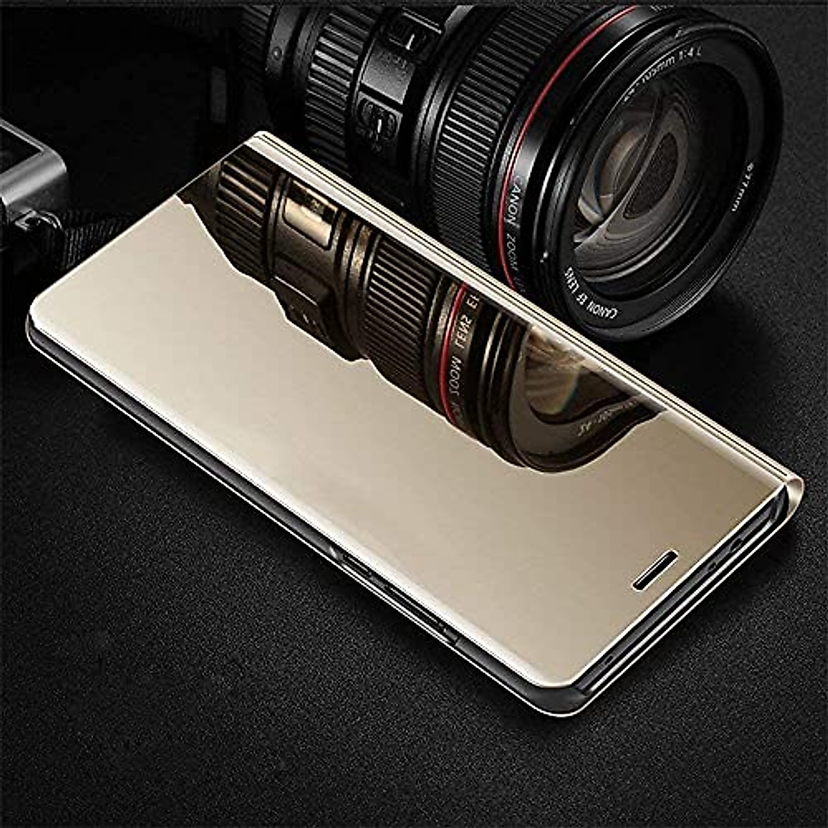 CCasualL Compatible for Oppo Reno2 Z Case 6.53 inch Electroplating Mirror Design Bracket Clear Vision Flip-Book Style Mirror Makeup PU Shockproof Protective Cover-Gold