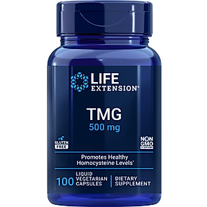 Life Extension TMG 500mg, 100 Liquid Veg Caps - Trimethylglycine (Glycine Betaine) Supplement - Gluten Free, Non-GMO, Vegetarian