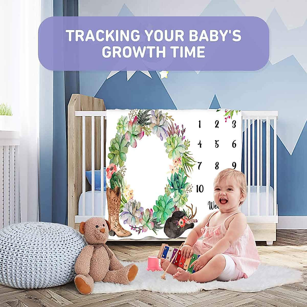 PHMOJEN Baby Monthly Milestone Blanket, Western Cowboys Floral Wreath Age Blanket for Nursery, Unisex for Newborn 1-12 Months, Includes 4 Frame and 1 Headband 47"x47" BTLSPH463