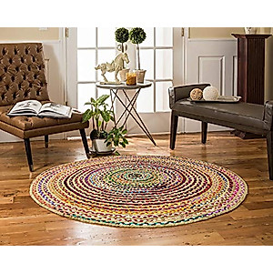 COTTON CRAFT Jute Chindi Braid Rag Rug - Boho Farmhouse Rustic Area Accent Throw Rug - Handwoven Reversible Natural Recycled Cotton - Living Room Den Study Home Décor Gift - 4 Feet Round - Multi Color