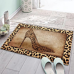 Floor Door Mats Shag Carpet Leopard Print Sexy Female High Heels,Non Slip Super Soft Bath Rugs Vintage Brown Animal Skin Texture,Shaggy Fuzzy Area Rug for Kitchen/Bathroom/Bedroom/Living Room Decor