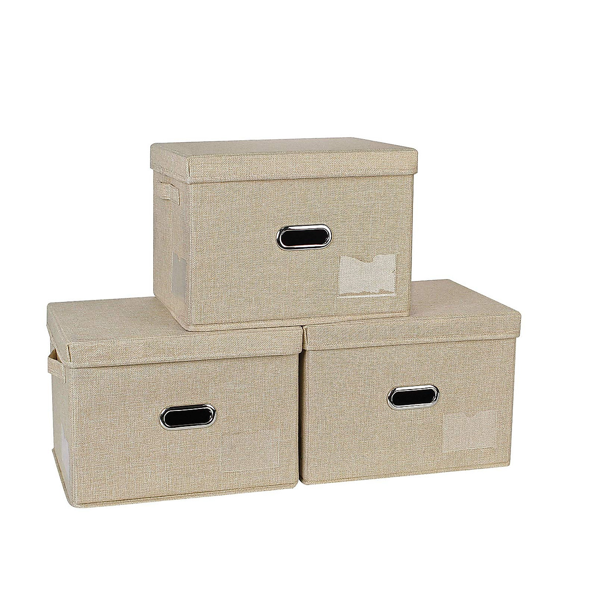 Foldable Storage Boxes with Lids Linen Fabric Collapsible Clothing Bin Organizer Baskets Containers with Carry Handles Transparent Slot Design for Home Bedroom Office Kids Room (Khaki, 3 Pack)