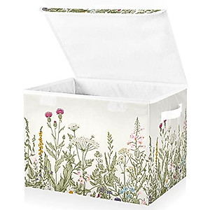 Wild Flowers Collapsible Rectangular Storage Bins with Lids Decorative Lidded Basket for Toys Organizers Fabric Storage Boxes with Handles for Home Clothes and Books