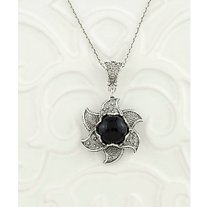 Filigranist 925 Sterling Silver Filigree Art 3D Lotus Flower Women Pendant Necklace with Gemstones (Black Onyx)