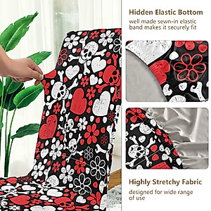 Red Skulls Flowers Hearts Dining Chair Covers Set of 2 Spandex Stretch Chair Slipcovers for Home Party Hotel Wedding
