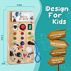 Syahro Montessori Busy Board, Wooden Kid Sensory Board, Dino Led Light Switch Travel Toy, Baby Road Trip Essentials, Christmas & Birthday Gift for 1+ Toddler Boy and Girl