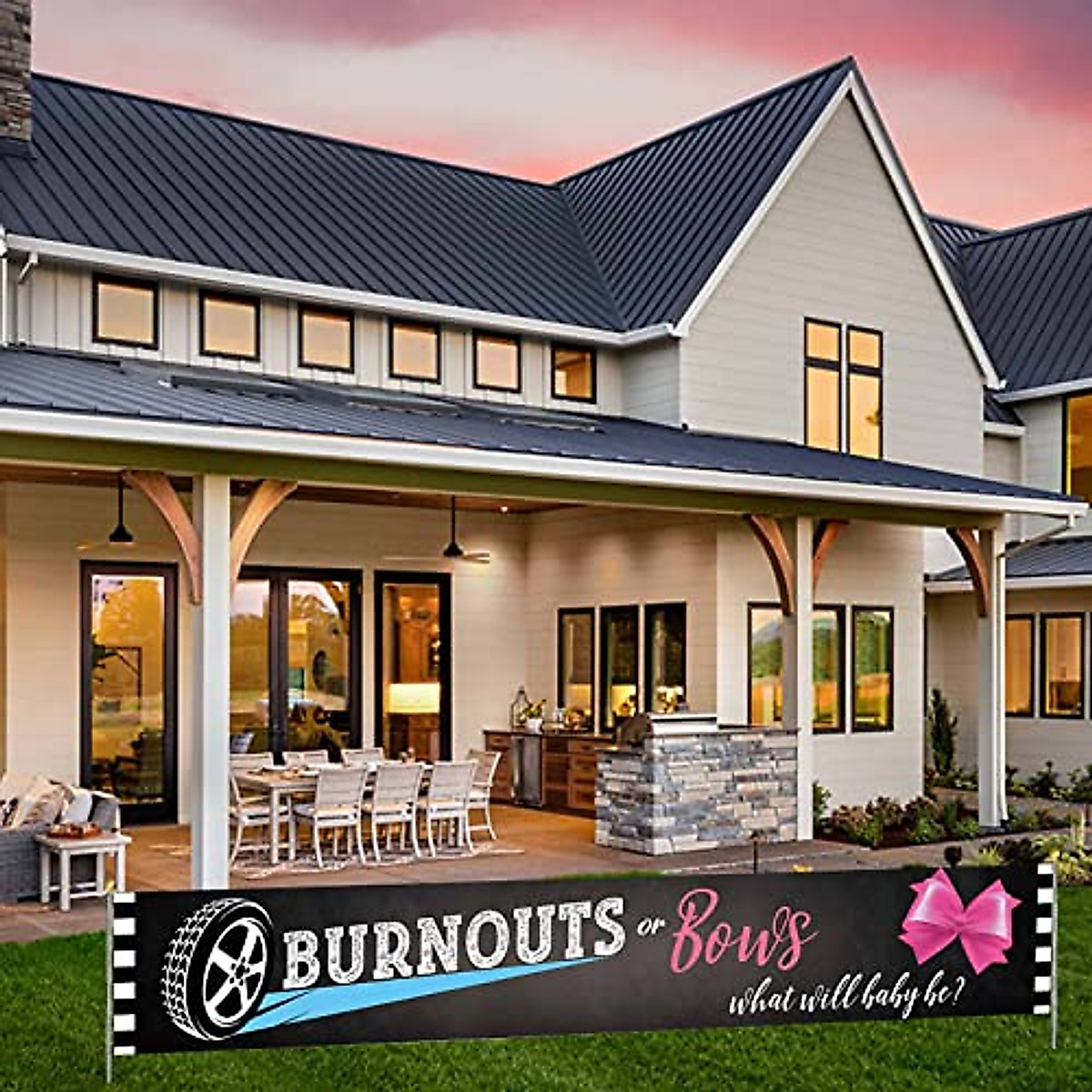 ZDX Burnouts or Bows Gender Reveal Theme Banner With 13 Feet White Rope (118 x 20 inches) Kids Baby Shower Party Banner Decor Photography Backdrops Outdoor & Indoor Hanging Cake Table Supplies Banner