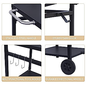 Pizzello Outdoor Grill Cart Double-Shelf Grill Table Foldable Tabletop Movable Food Prep Pizza Carts Outside Kitchen Pizza Oven Stand Trolley with 2 Wheels, Hooks