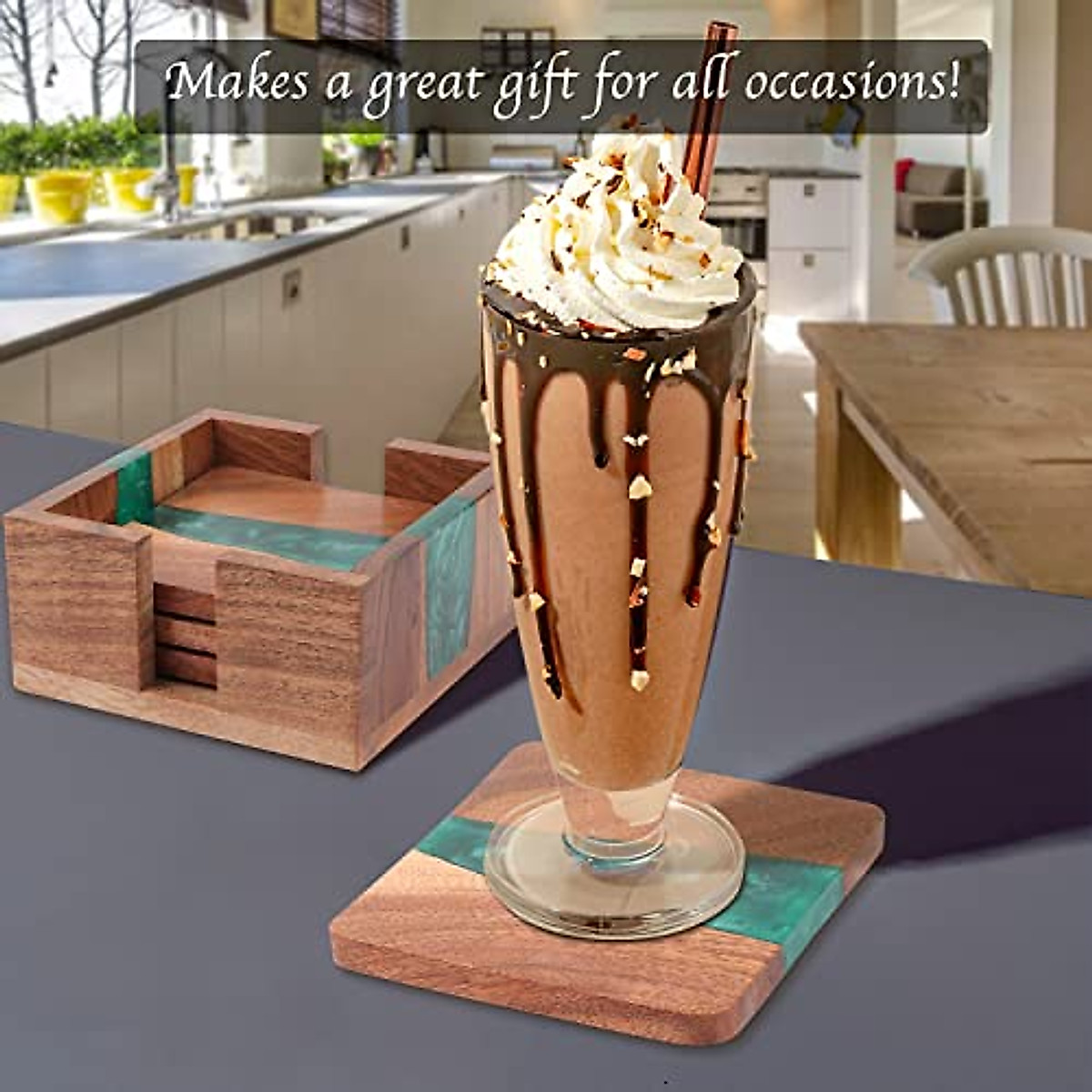 Wood and Resin Coasters Set of 4 with Holder for Wooden Table, Handmade Acacia Wood and Epoxy Resin Coaster Set, Protect Tables, Non-Absorbent and Easy to Clean, for Home, Office, or Bar