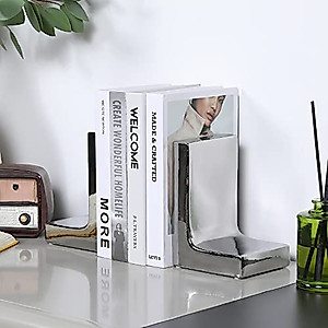 MyGift Metallic Silver Ceramic L-Shape Decorative Bookends Unique Modern Office Desk Book Stand, 1-Pair