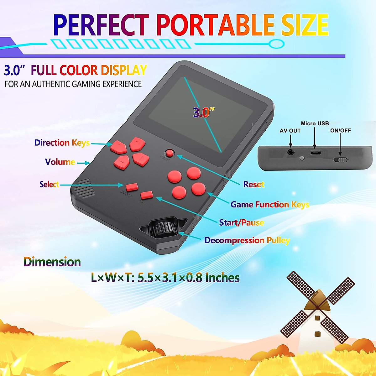 TEBIYOU Handheld Game Console for Kids Portable Gaming Player with Built in 220 16 Bit Electronic Video Games 3.0'' Large Screen Rechargeable Game System for Children's Birthday (Red)